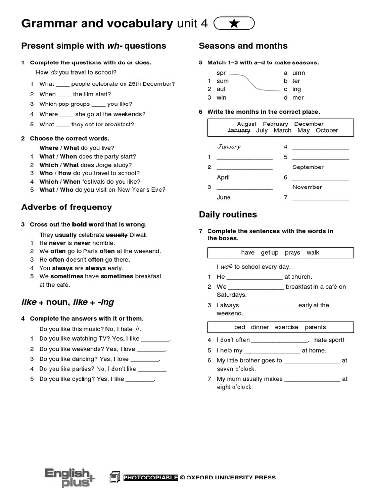 Grammar and Vocabulary Unit 4: Present Simple With Wh-Questions Seasons and Months | PDF ...