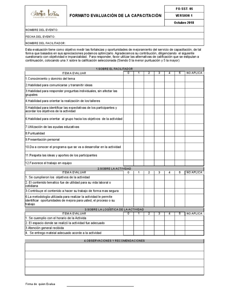 Anexo 10. FO-SST-05. Formato de Evaluacion A Capacitaciòn | Evaluación | Cognición