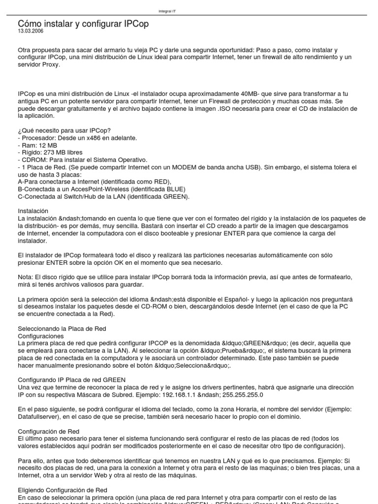 Cómo Instalar y Configurar IPCop | PDF | Dirección IP | Red de computadoras