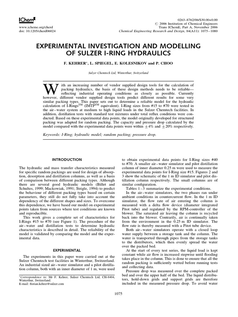 Experimental Investigation and Modelling of Sulzer I-Ring Hydraulics ...
