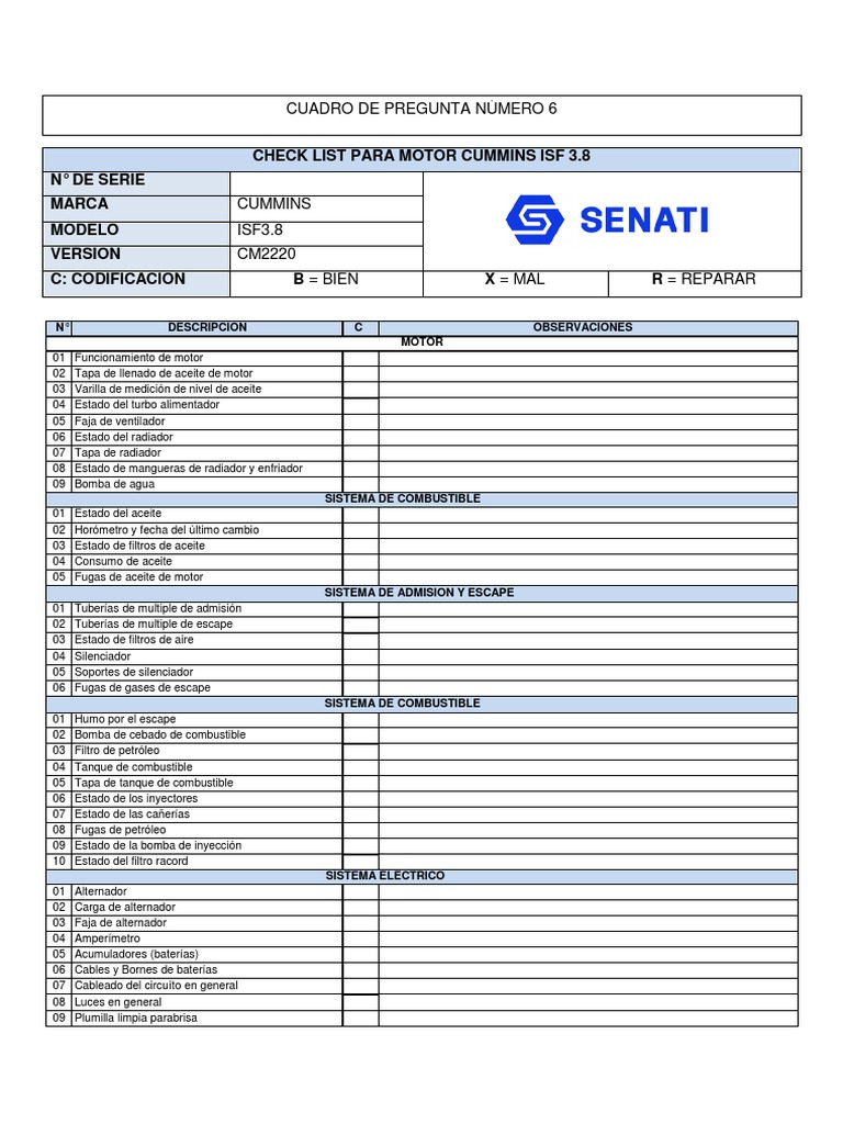 check list | Bomba | Transmisión (Mecánica)