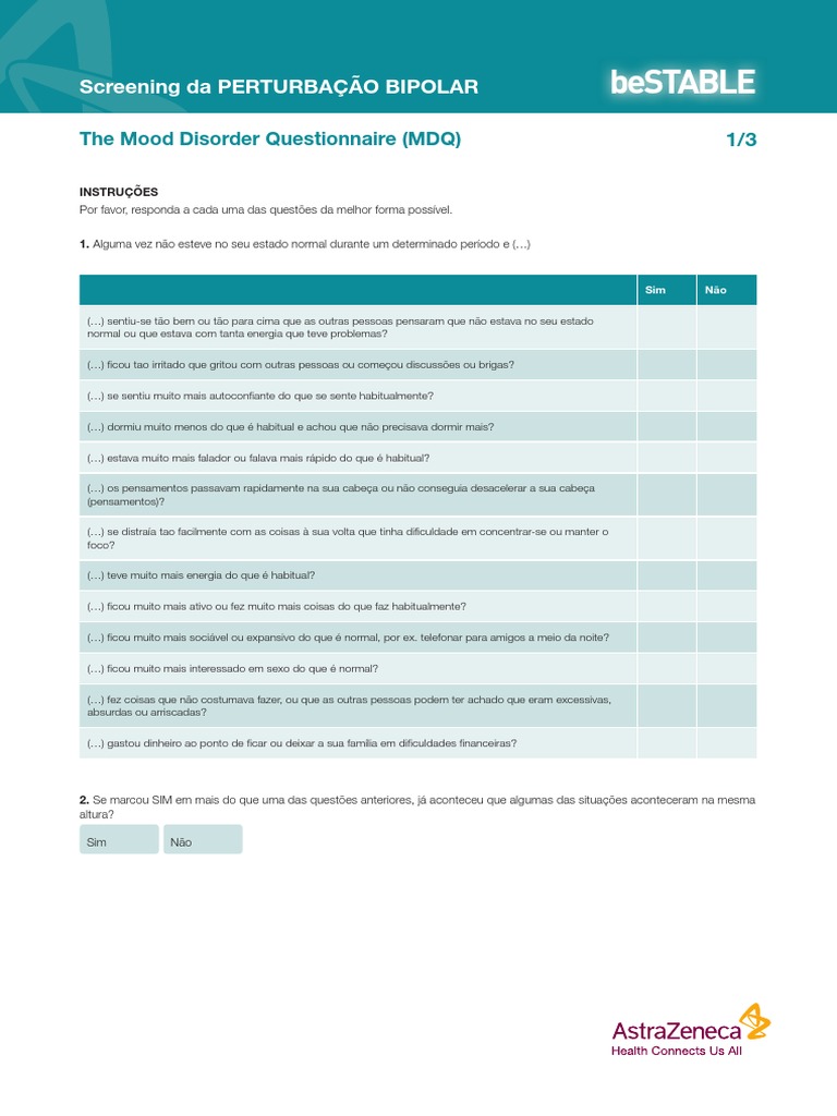 The Mood Disorder Questionnaire (MDQ) | PDF | Transtorno bipolar ...