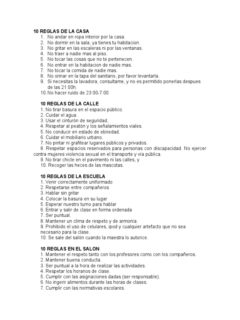 10 Reglas de La Casa, La Calle, La Escuela y El Salon | PDF