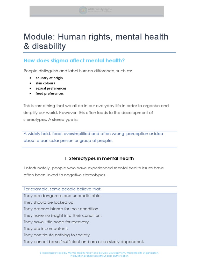 Human Rights, Mental Health & Disability | PDF | Social Stigma | Mental ...