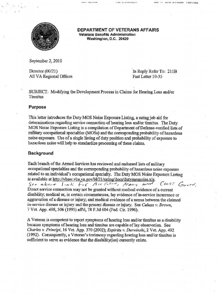 Duty MOS Hearing Loss Probability Chart VA Fast Letter 10 35