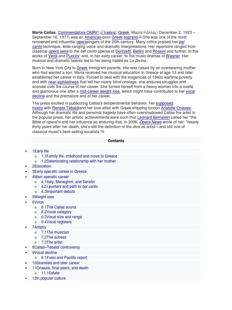 The Life and Career of Renowned Opera Singer Maria Callas | PDF ...