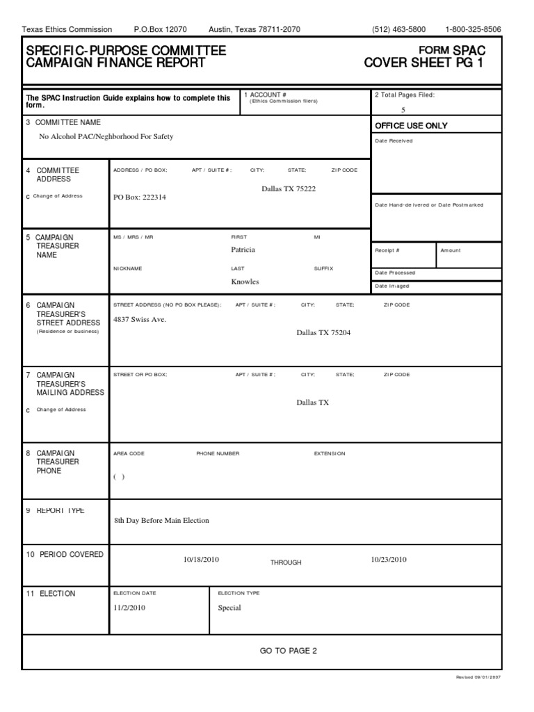 No Alcohol PAC Campaign Finance Report | PDF | Texas | Post Office Box