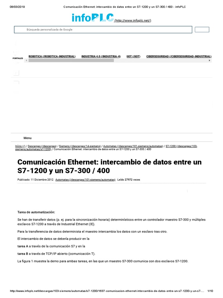 Comunicación Ethernet - Intercambio de Datos Entre Un S7-1200 y Un S7-300 - 400 - infoPLC PDF ...
