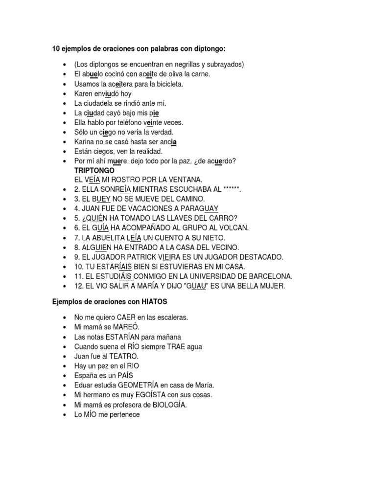 10 Ejemplos de Oraciones Con Palabras Con Diptongo | PDF