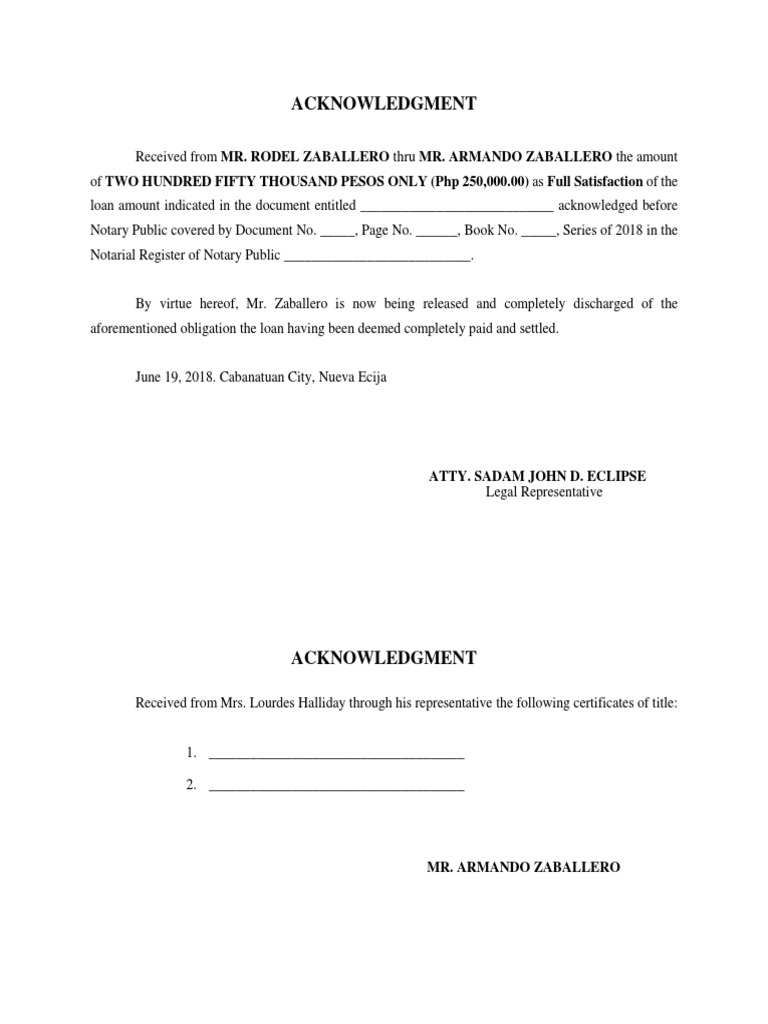 Acknowledgment: Atty. Sadam John D. Eclipse | PDF | Civil Law (Common ...