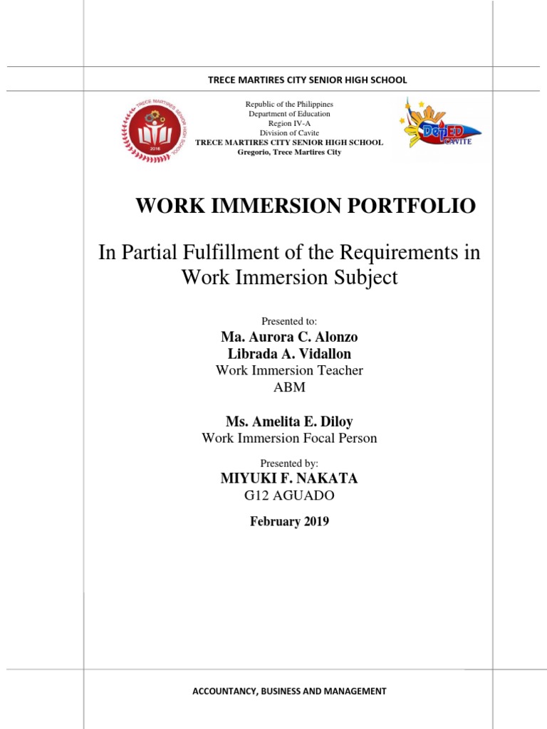 Work Immersion Portfolio: in Partial Fulfillment of The Requirements in ...