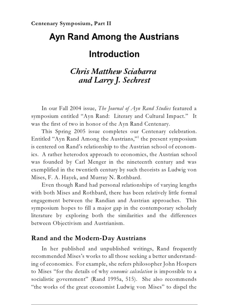 Ayn Rand Among The Austrians: Chris Matthew Sciabarra and Larry J ...