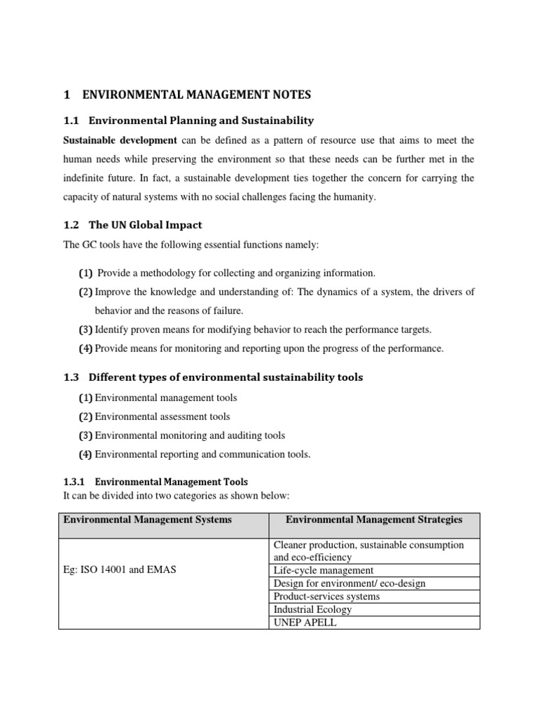 1 Environmental Management Notes: 1.1 Environmental Planning and ...