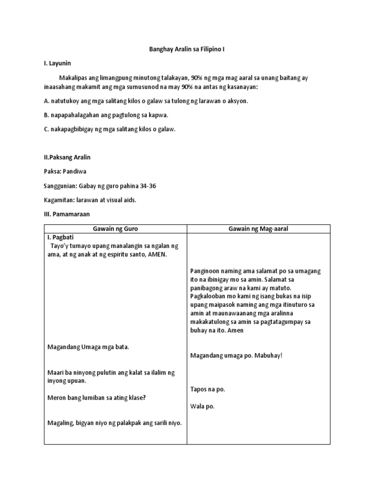 Banghay Aralin Sa Filipino I | PDF