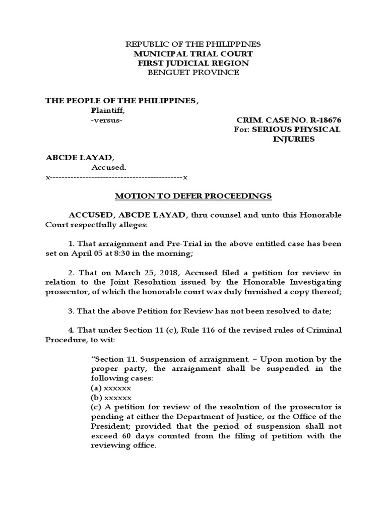 Motion to Defer Arraignment Proceedings | PDF