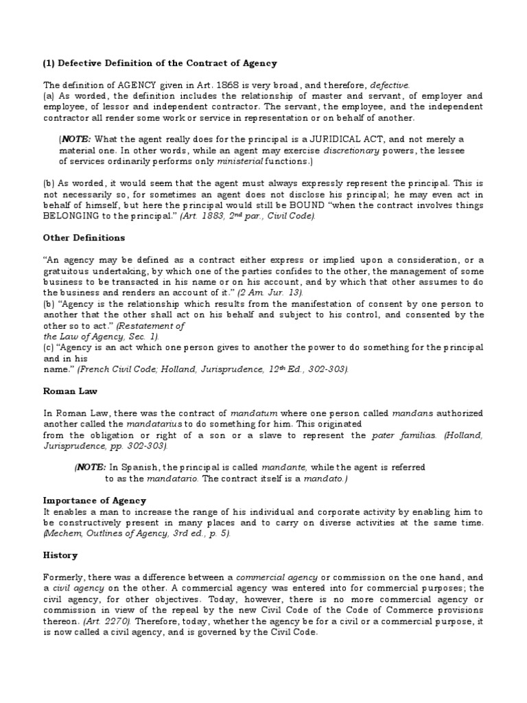 1) Defective Definition of The Contract of Agency: Par., Civil Code ...