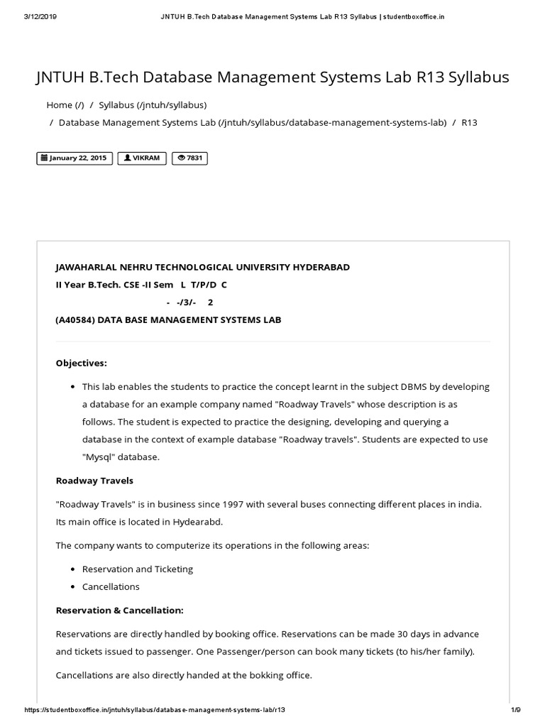 JNTUH B.Tech Database Management Systems Lab R13 Syllabus ...