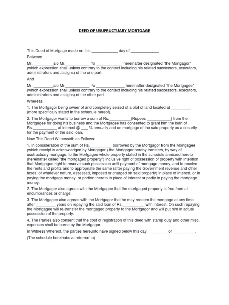 Deed of Usufructuary Mortgage | PDF | Mortgage Law | Banking