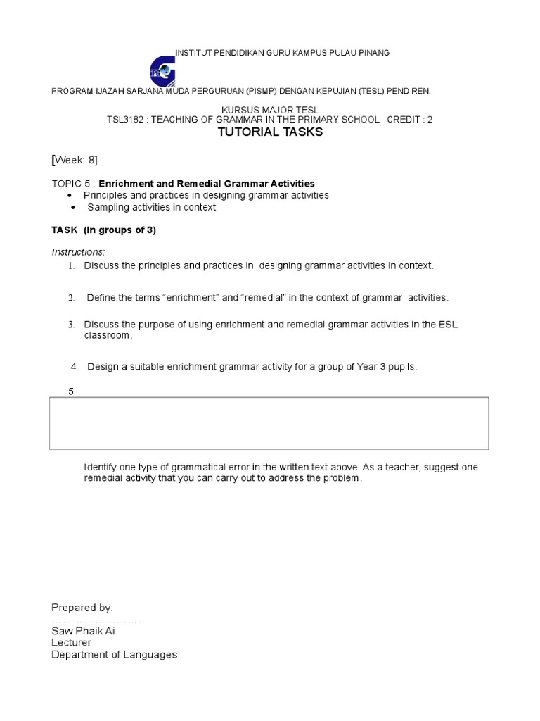 Tutorial Tasks (: Week: 8) | PDF