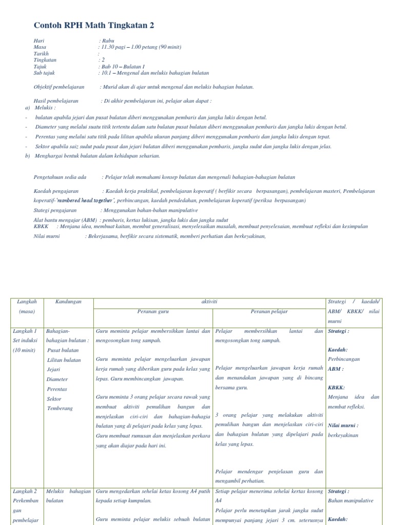 Contoh RPH Math Tingkatan 2 | PDF