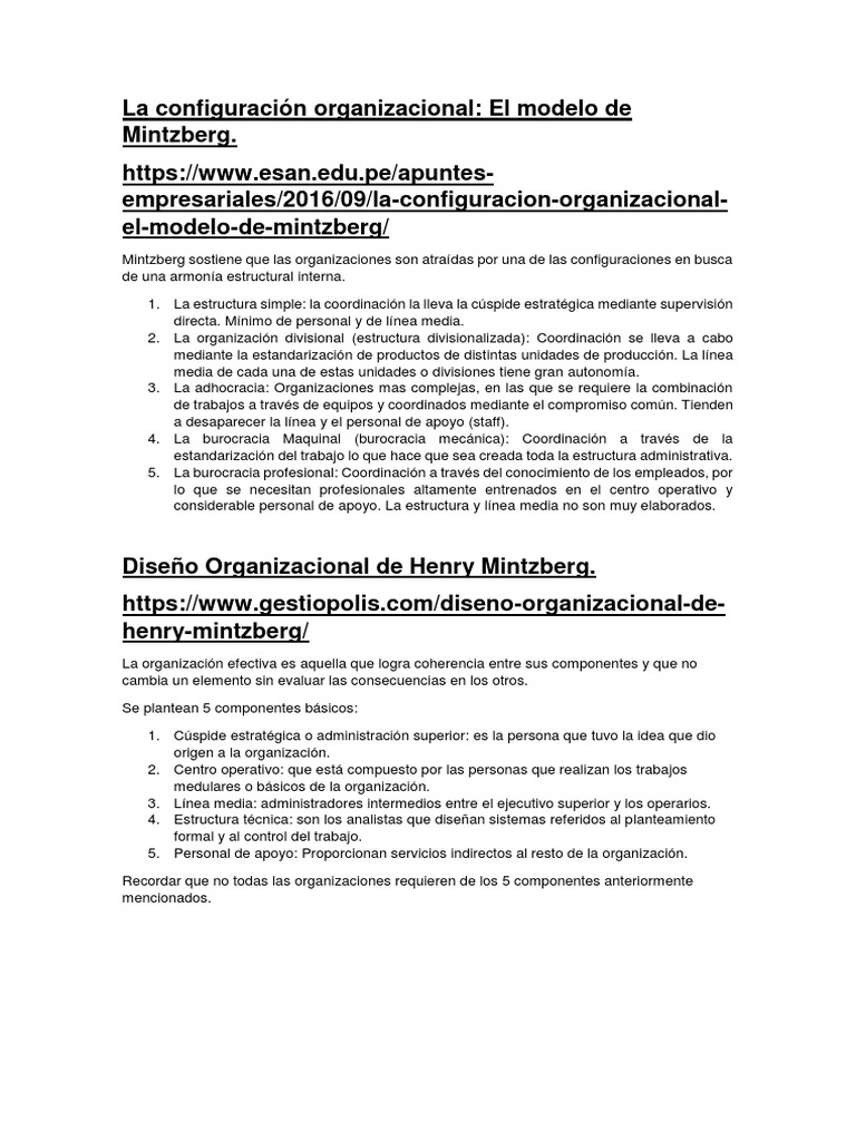 La Configuración Organizacional (Modelo de Mintzberg) | PDF | Economias | Business