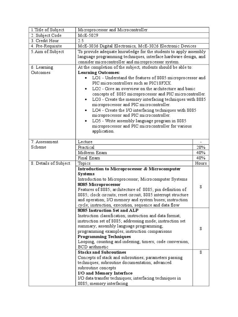 Microprocessor & Microcontroller Course | PDF | Assembly Language | Microcontroller