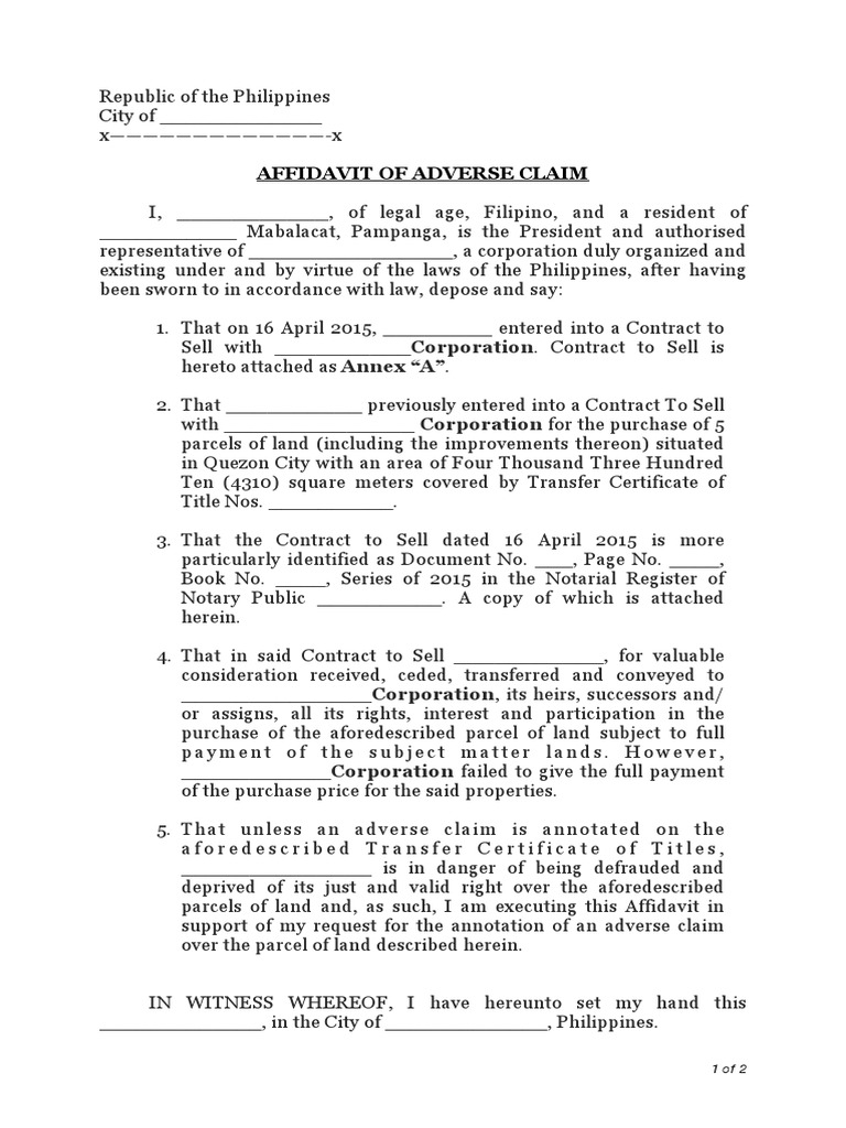 Affidavit of Adverse Claim Template | PDF | Affidavit | Virtue