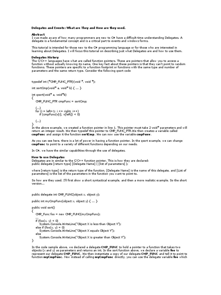 Delegates And Events Pdf Pointer Computer Programming C Sharp Programming Language