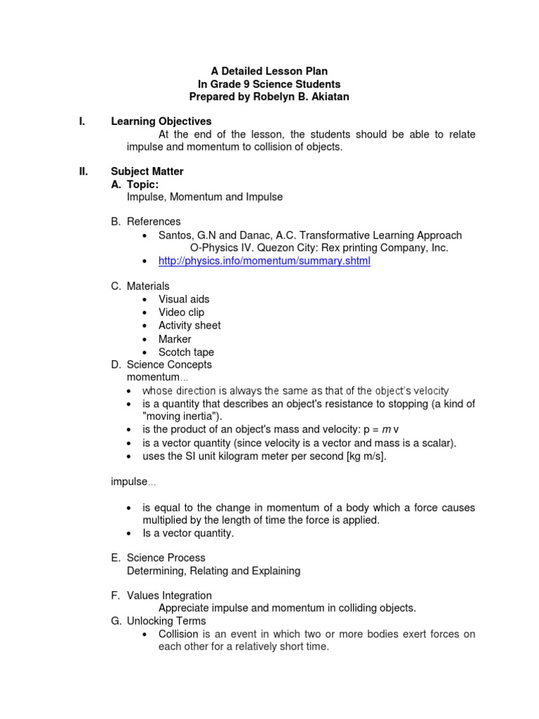 A Detailed Lesson Plan | PDF | Momentum | Velocity
