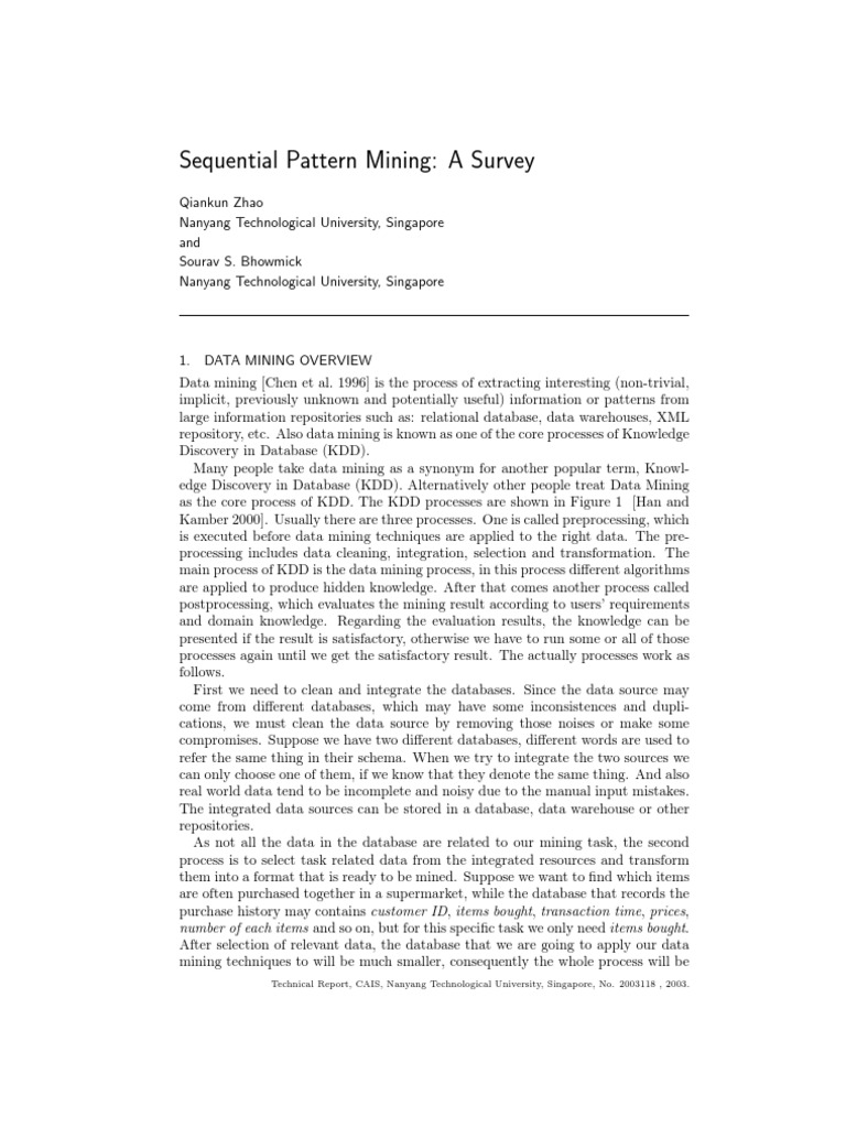 Sequential Pattern Mining A Survey PDF Data Mining Statistical