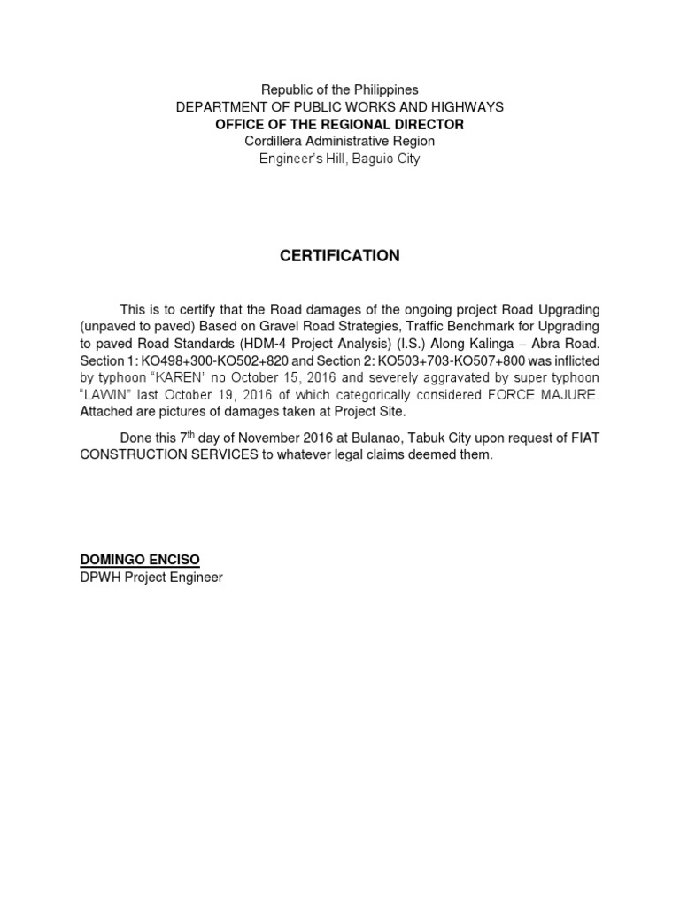 Certification of FORCE MAJURE | PDF