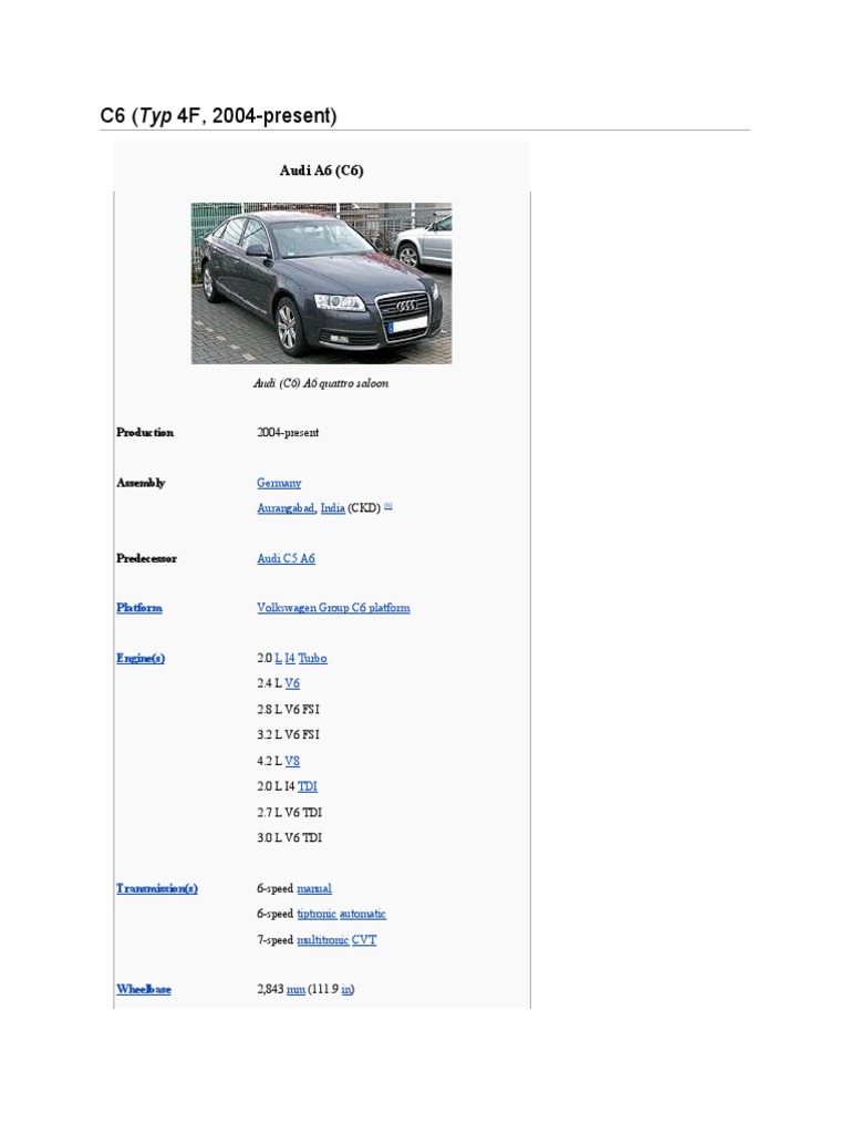 Audi A6 C6 Overview and Specifications | PDF | Luxury Vehicles | Audi