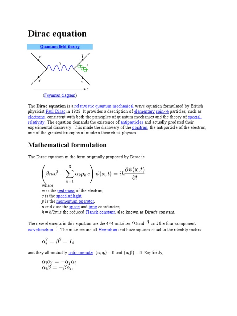Dirac Equation Mathematical Formulation Pdf Wave Function Schrödinger Equation