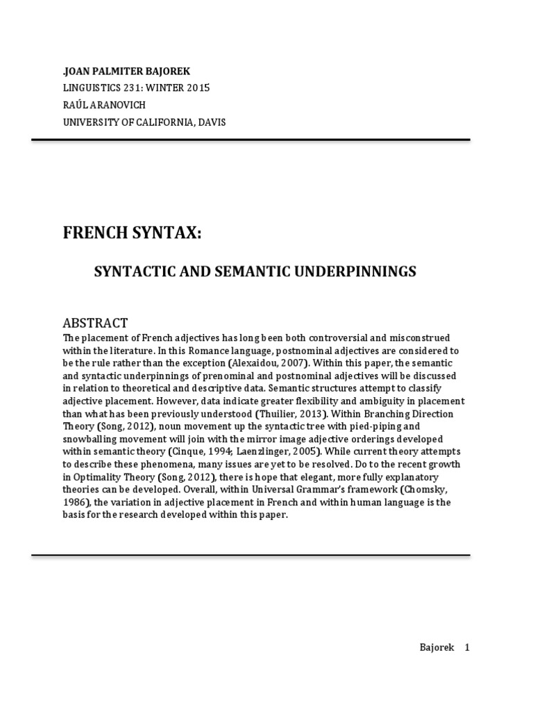 French Syntax:: Syntactic and Semantic Underpinnings | PDF | Adjective ...