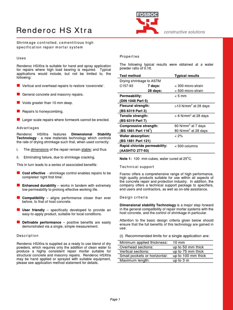 Renderoc HS Xtra high-performance repair mortar | PDF | Concrete ...