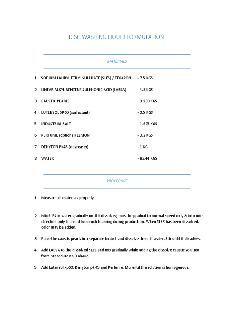 Dish Washing Liquid Formulation | PDF