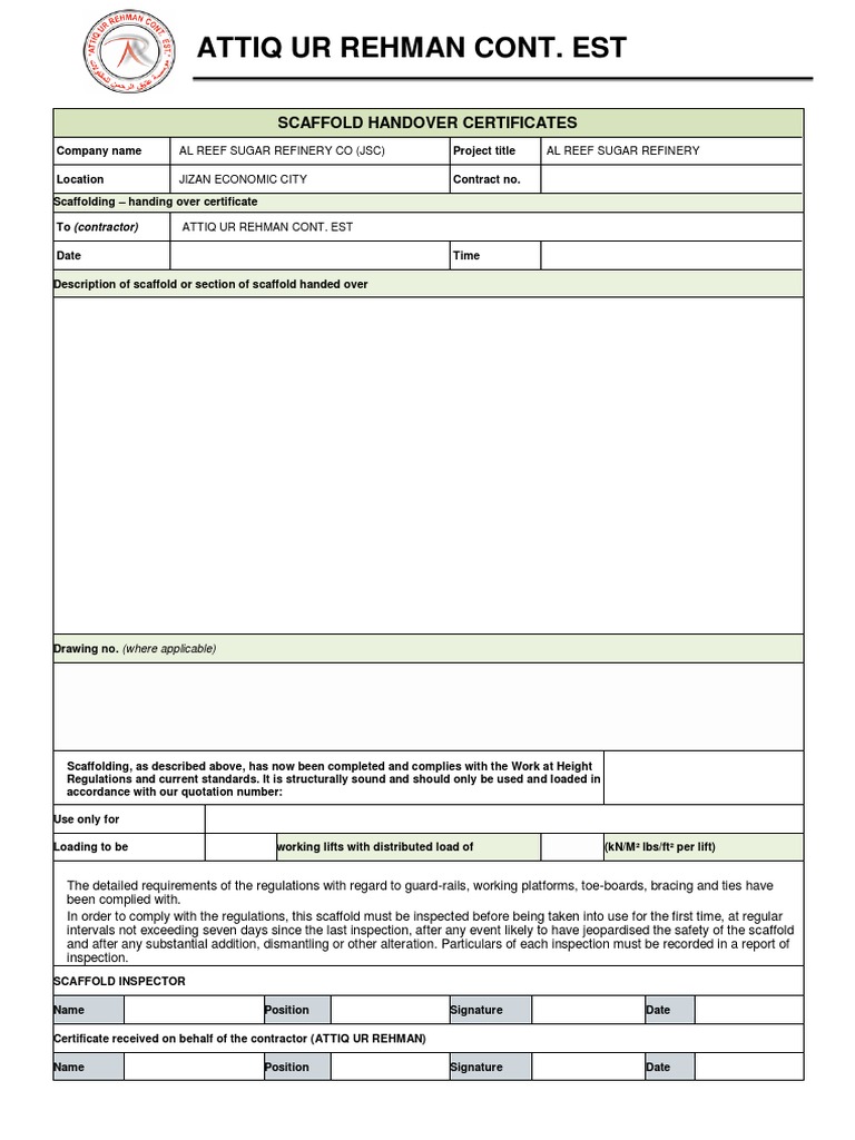 Scaffold Handover Certificate Template | PDF | Technology & Engineering