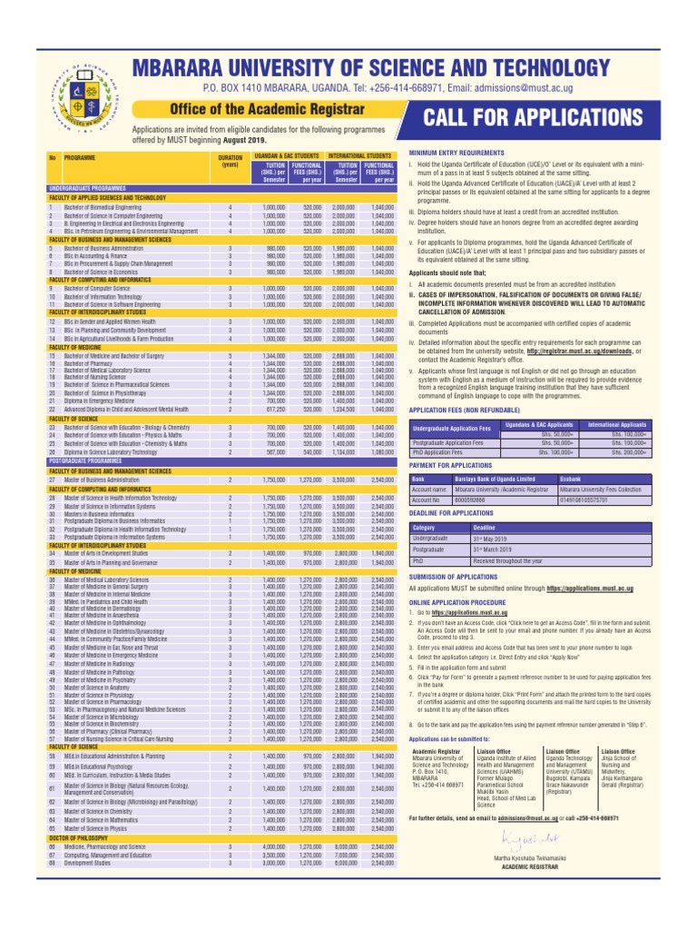 Mbarara University of Science and Technology Call For Applications August 2019 Intake | PDF ...