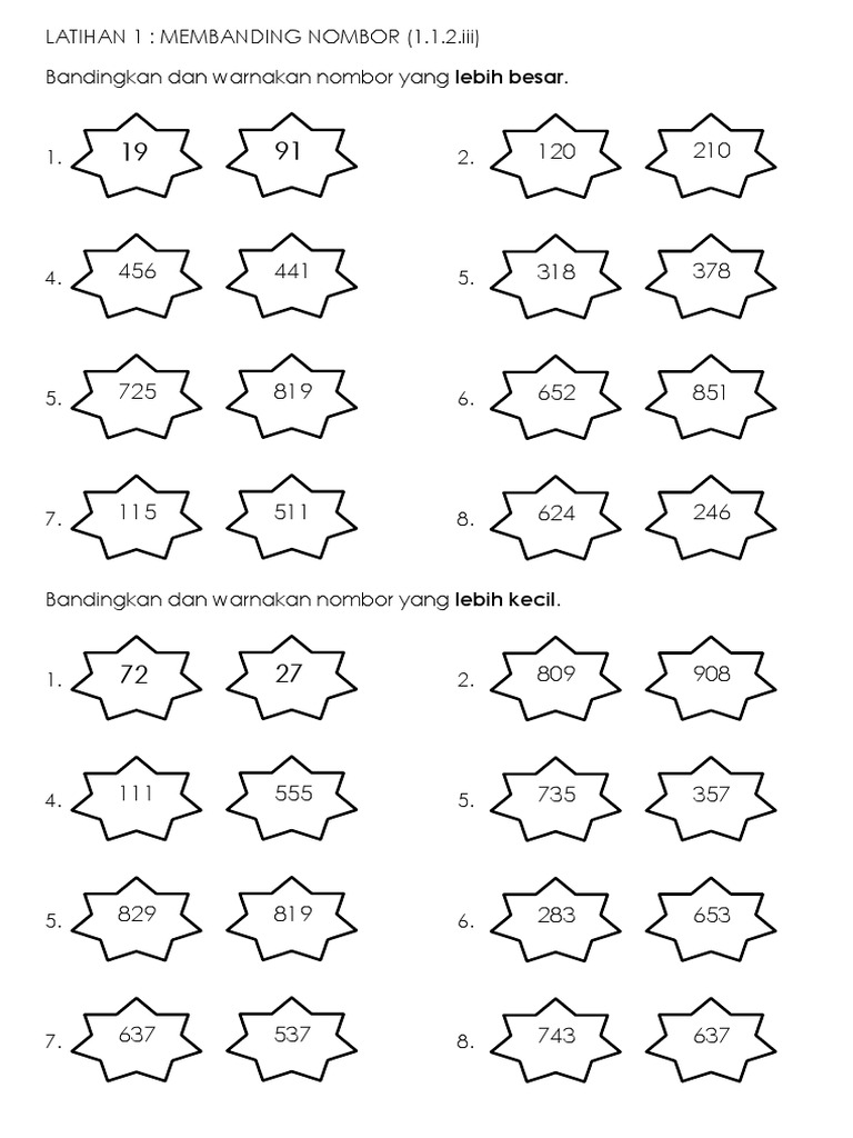 Latihan 1: Membanding Nombor (1.1.2.iii) Bandingkan Dan Warnakan Nombor ...