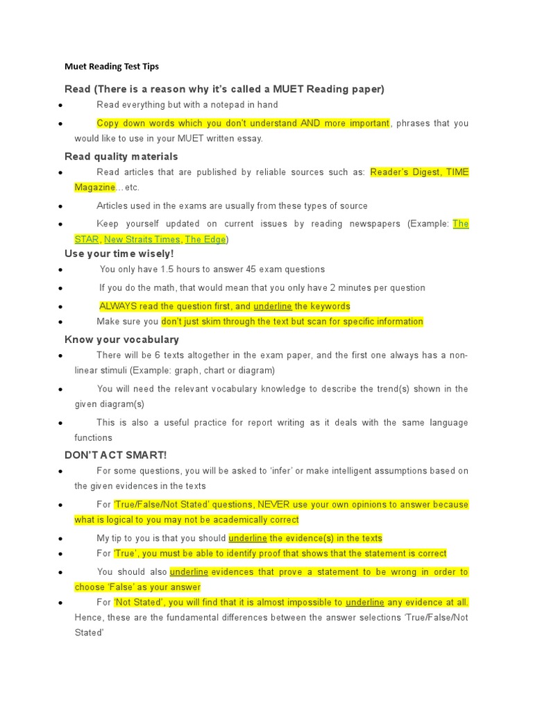 Muet Reading Test Tips | PDF | Vocabulary | Test (Assessment)