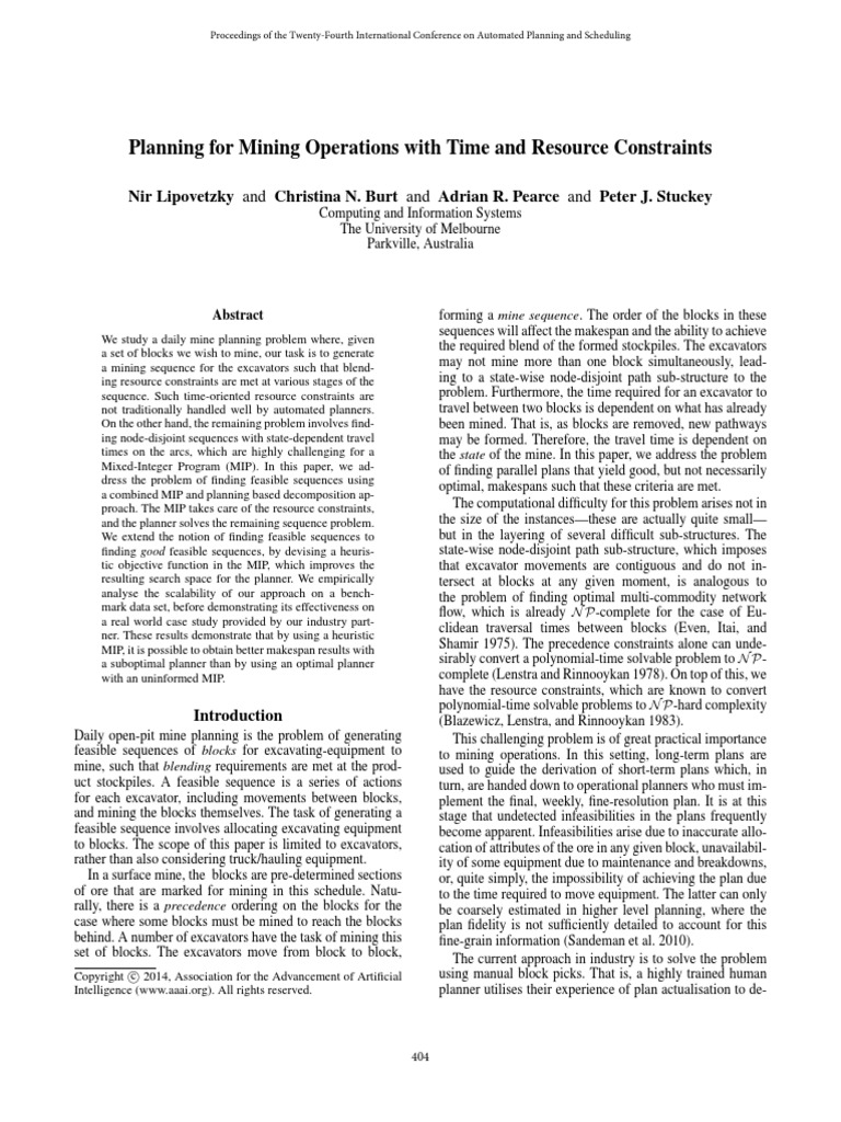 Planning For Mining Operations With Time and Resource Constraints | PDF | Mathematical ...