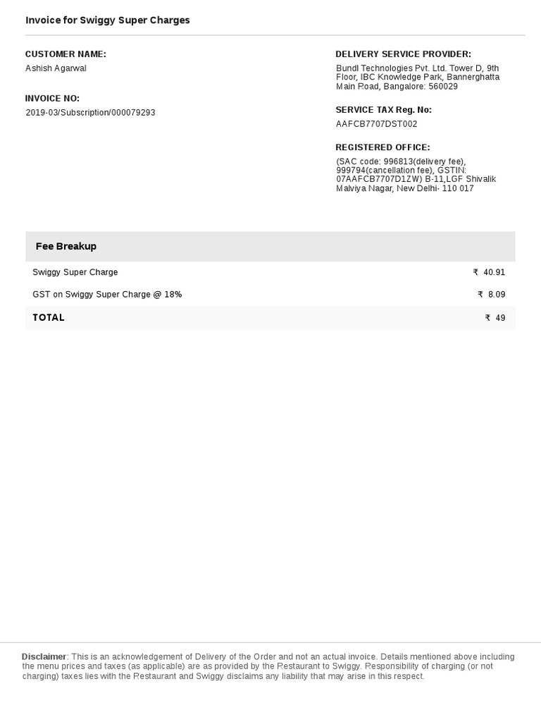 Invoice For Swiggy Super Charges: Fee Breakup | PDF
