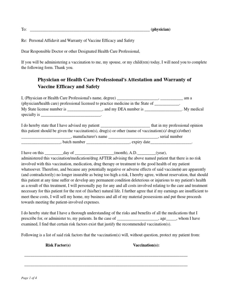 Physician or Health Care Professional's Attestation and Warranty of ...