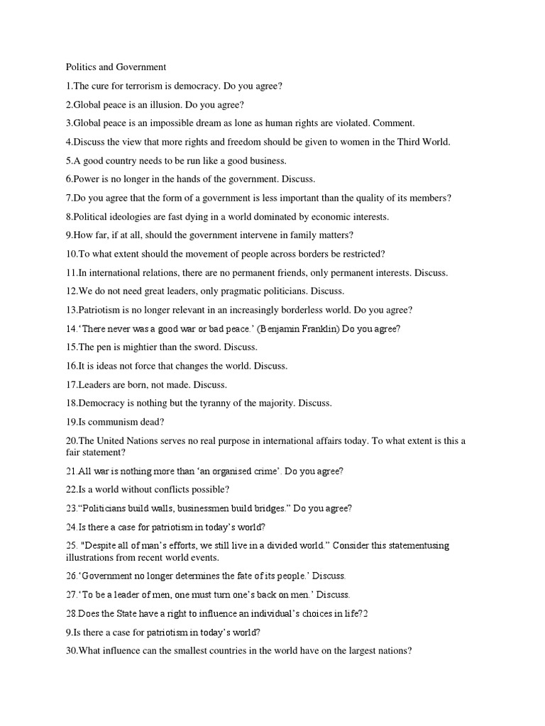 GP Politics Essay Questions | PDF | World Peace | Ideologies