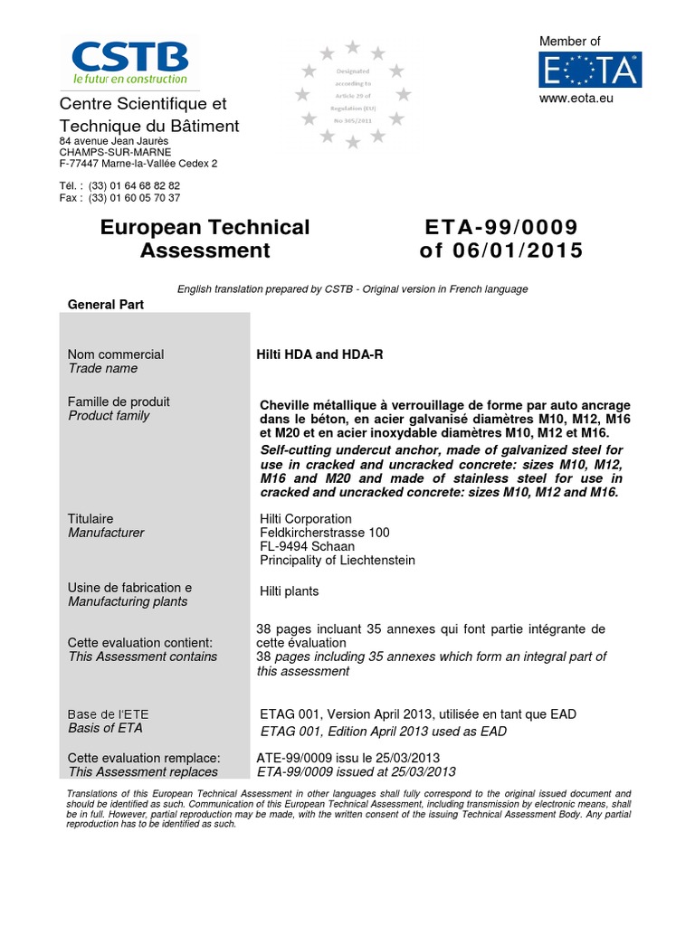 European Technical Assessment ET A - 9 9 / 0 0 0 9 o F 0 6 / 0 1 / 2 0 ...