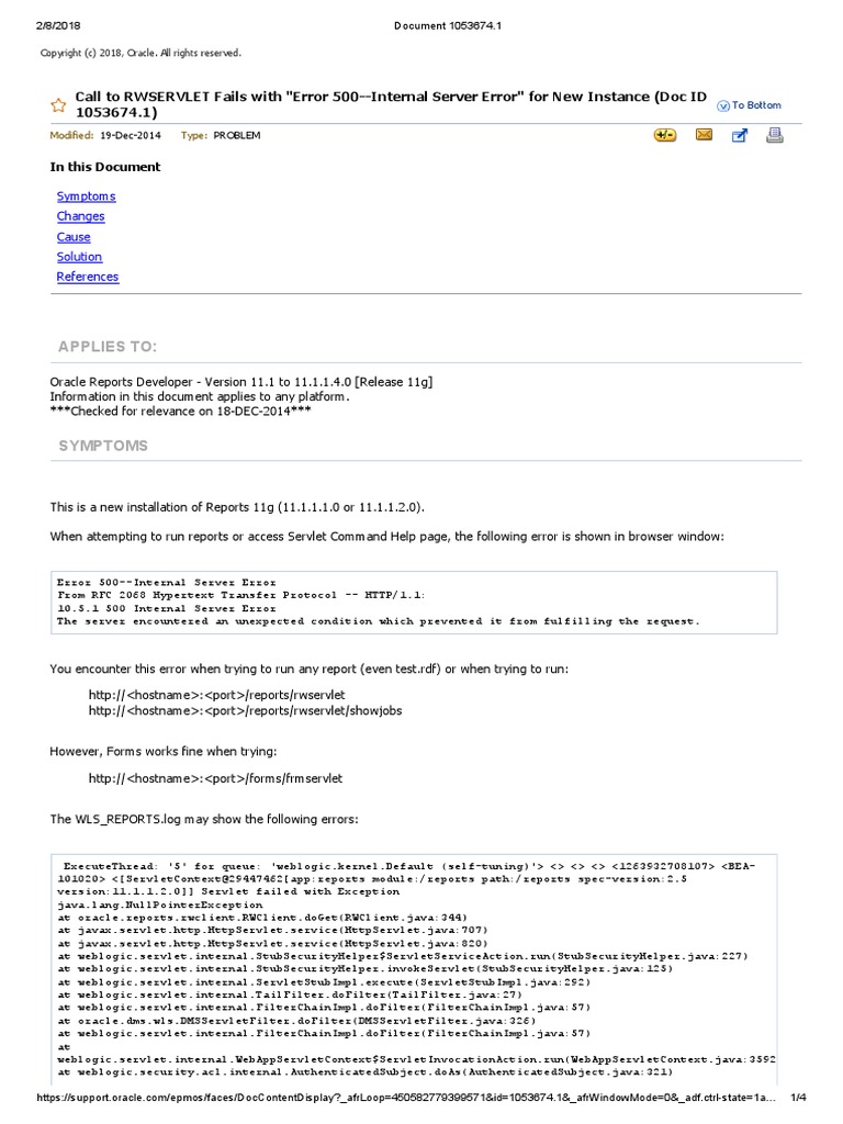 Call To RWSERVLET Fails With "Error 500 - Internal Server Error" For New Instance | PDF ...