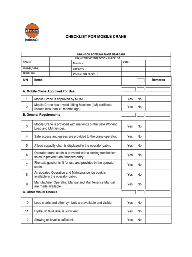 New Mobile Crawler Crane Checklist | PDF | Crane (Machine ...
