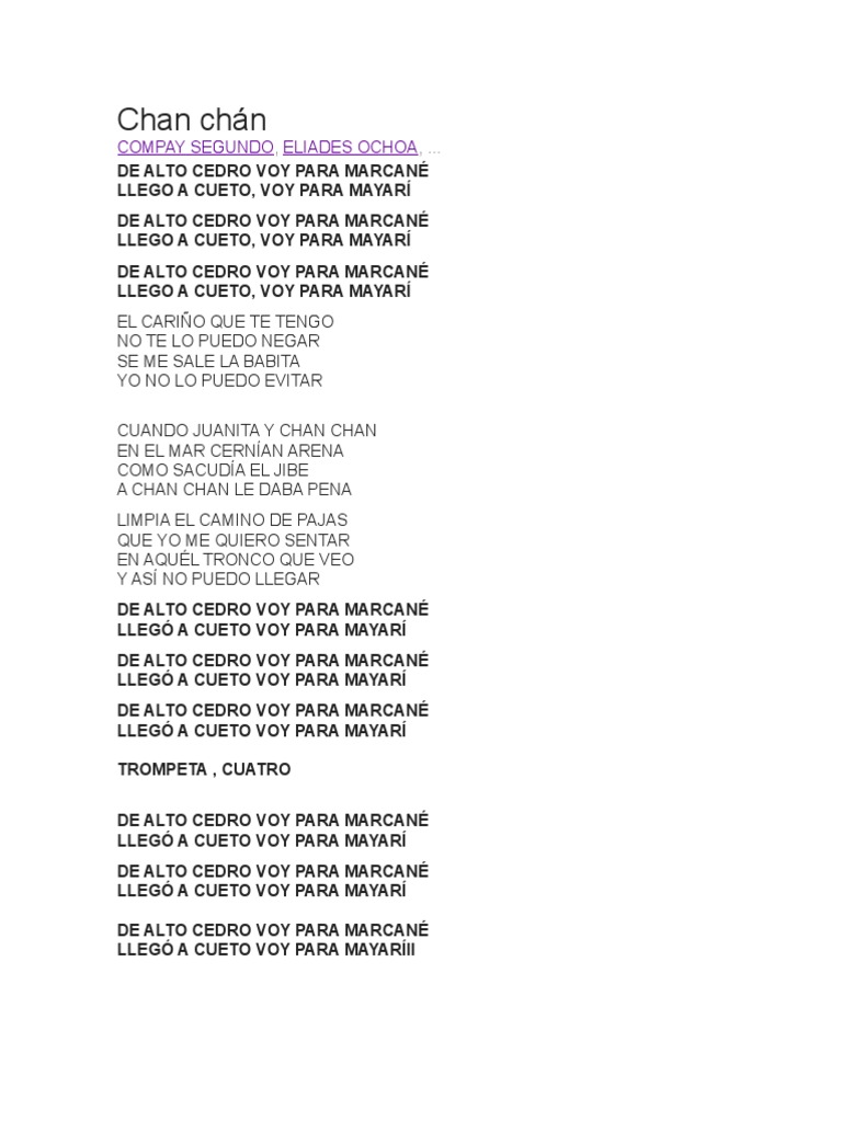 Letra de "Chan Chan" de Compay Segundo | PDF | Musica cubana | Pueblo ...