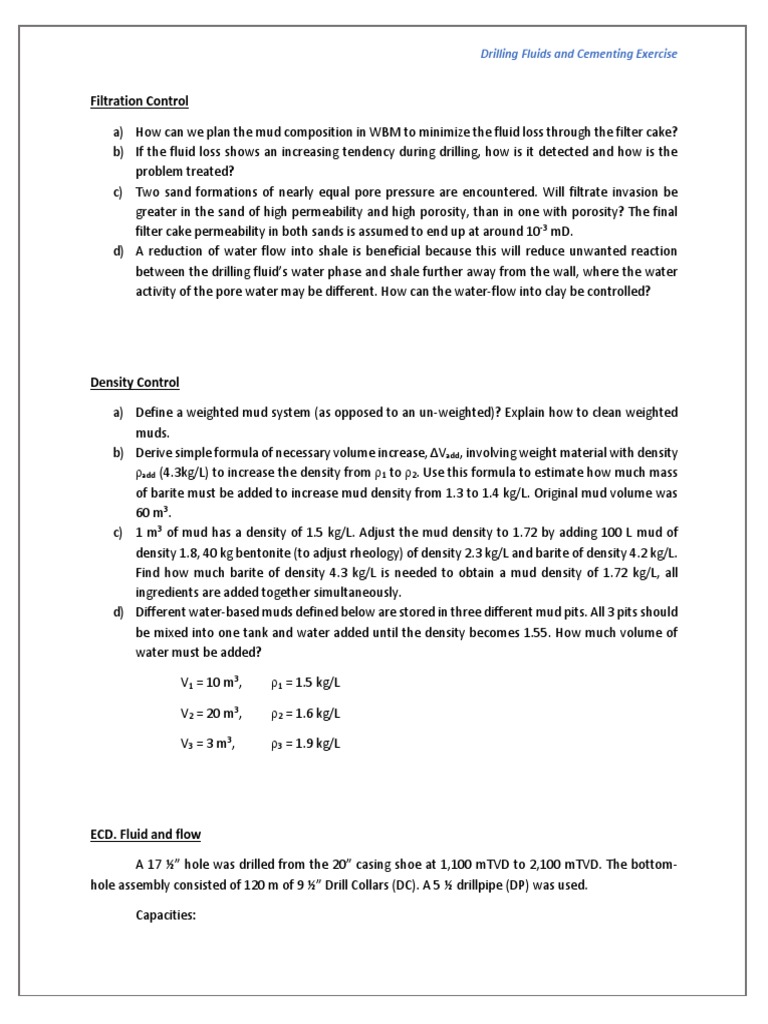 Drilling Fluids and Cementing Exercises | PDF | Density | Civil Engineering