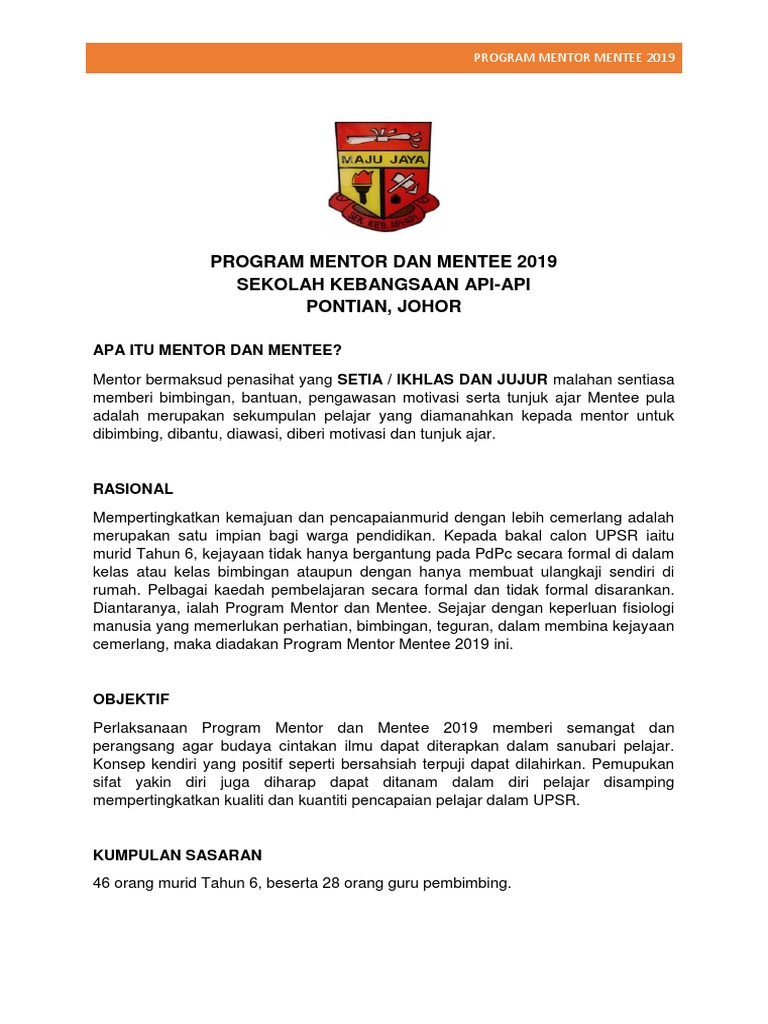 Kertas Kerja Program Mentor Dan Mentee 2019 | PDF